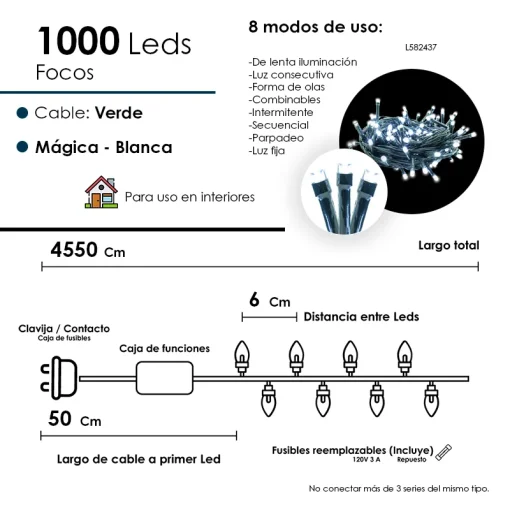 Serie Navideña 1000 Led Luz Blanca 45 Metros 8 Funciones - La Merced ...
