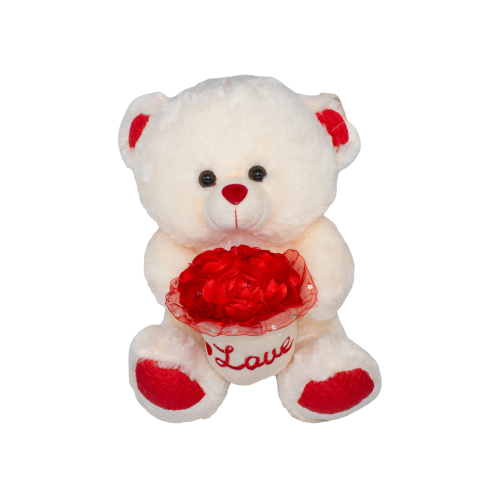Oso de Peluche Blanco con Maceta de Rosas Rojas - La Merced Importadora