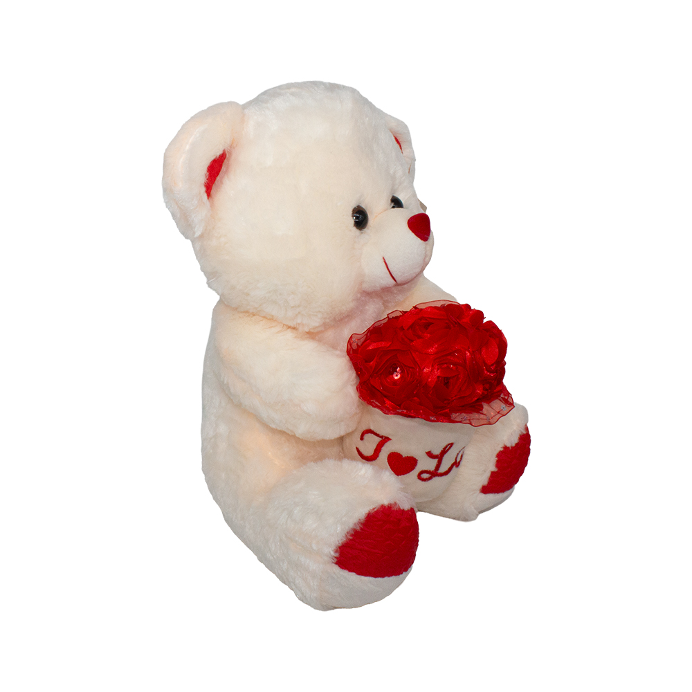 Oso de Peluche Blanco con Maceta de Rosas Rojas - La Merced Importadora