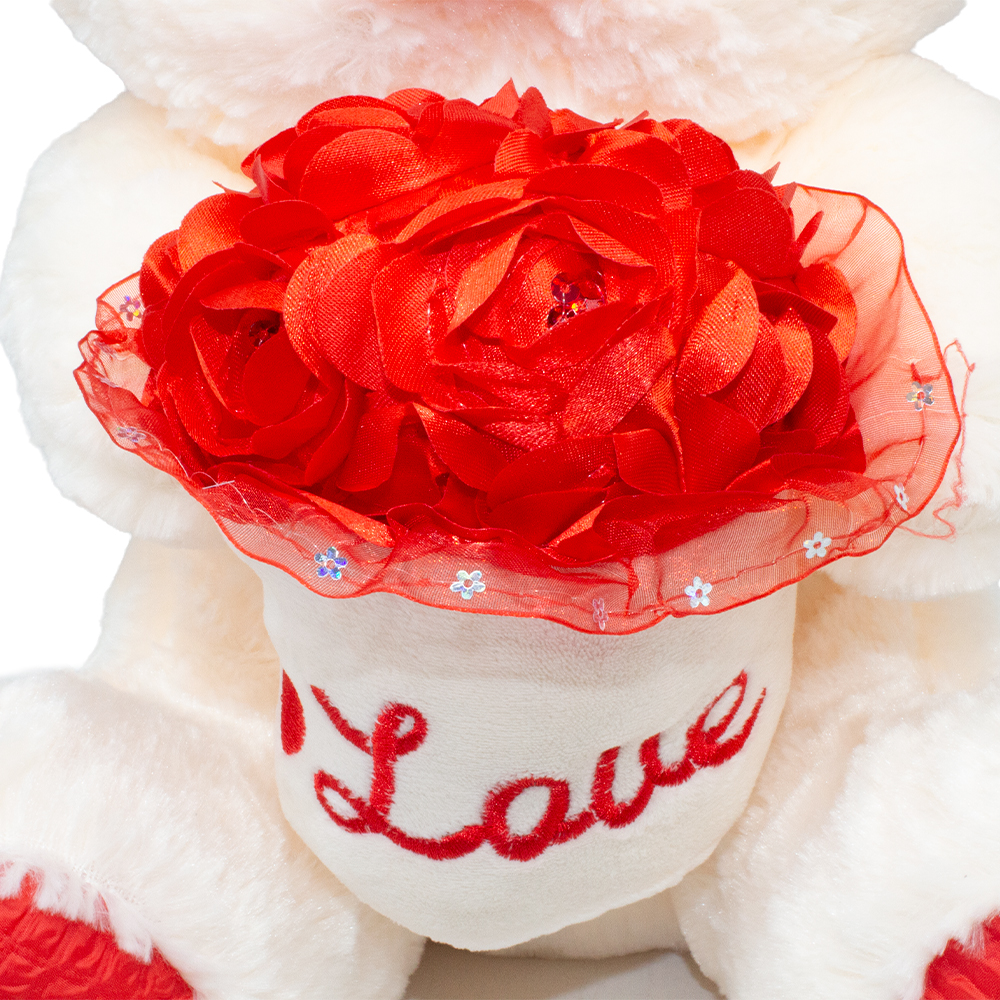 Oso de Peluche Blanco con Maceta de Rosas Rojas - La Merced Importadora